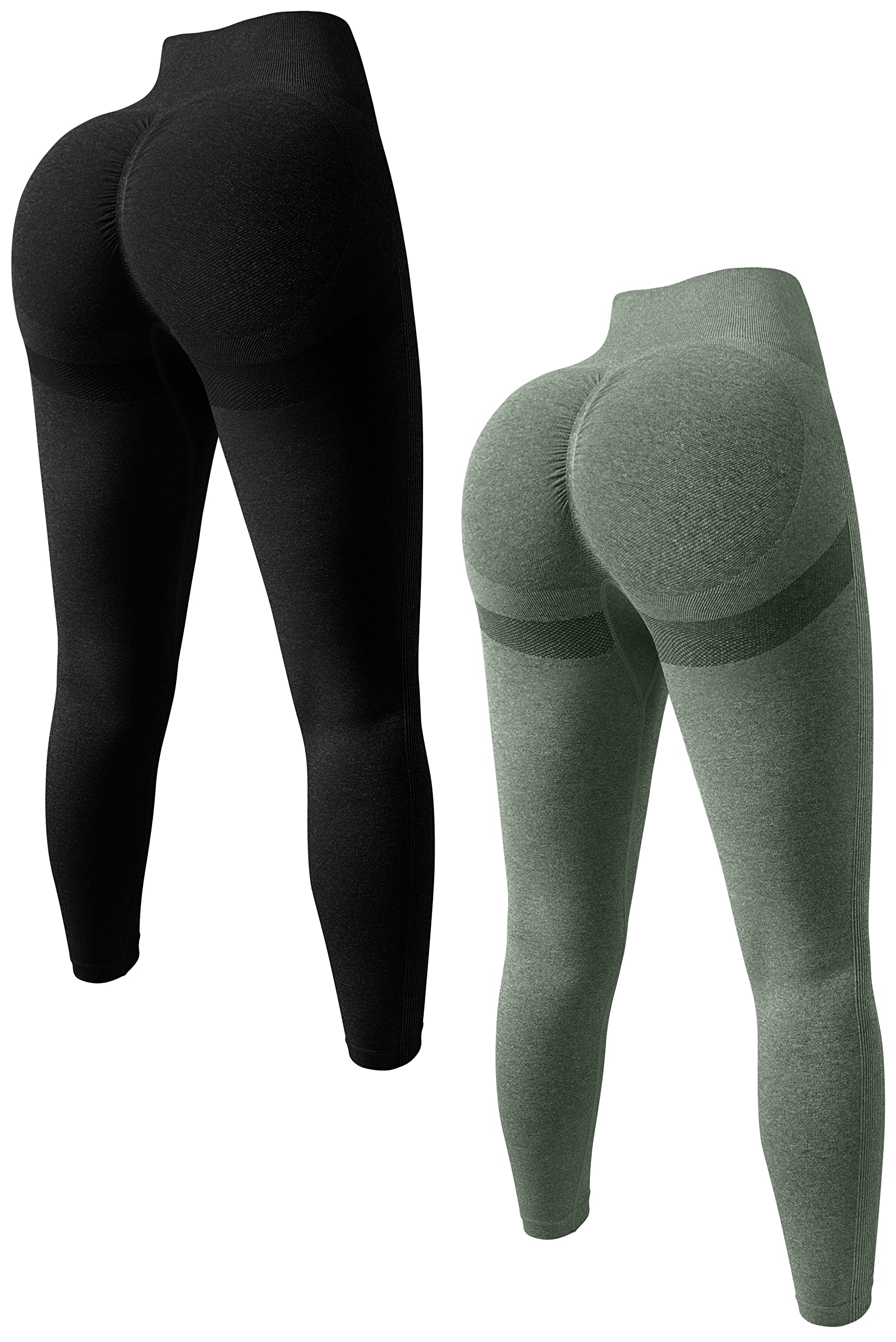 OQQ Women's 2 Piece Butt Lifting Yoga Legging Workout High Waist Tummy Control Ruched Booty Pant, Black Armygreen, Small