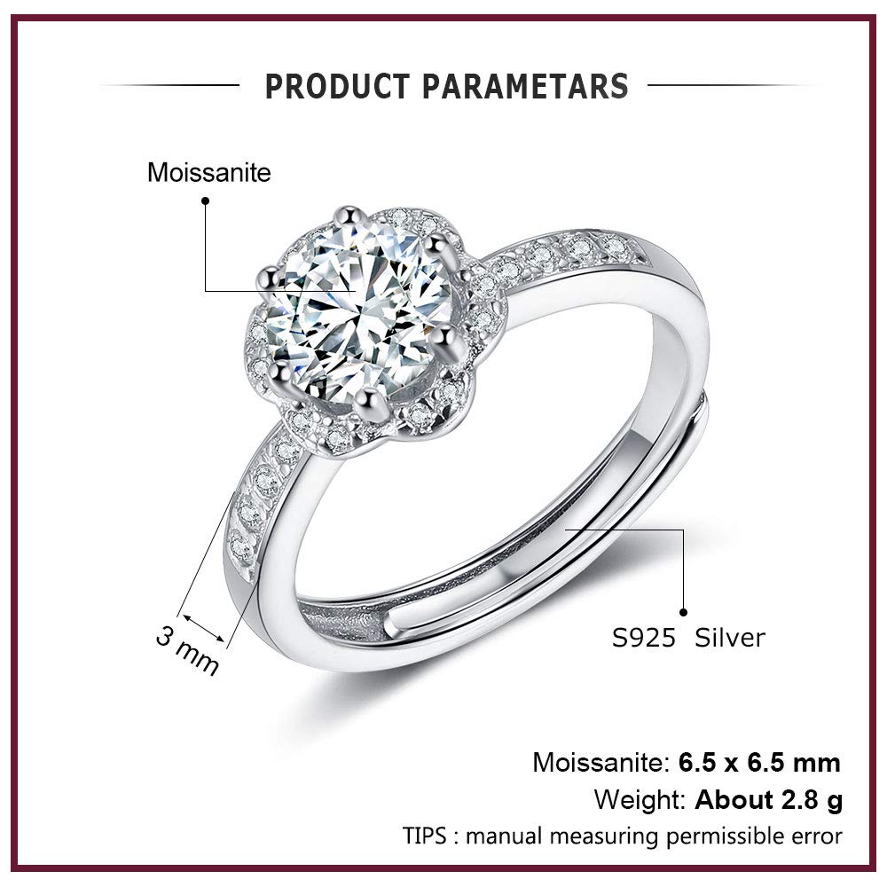 lorajewel Flower Brilliant Cut 1.0 ct Solitaire Moissanite Ring 6 Prong Adjustable 925 Sterling Silver Promise Engagement Ring for Women (Silver)