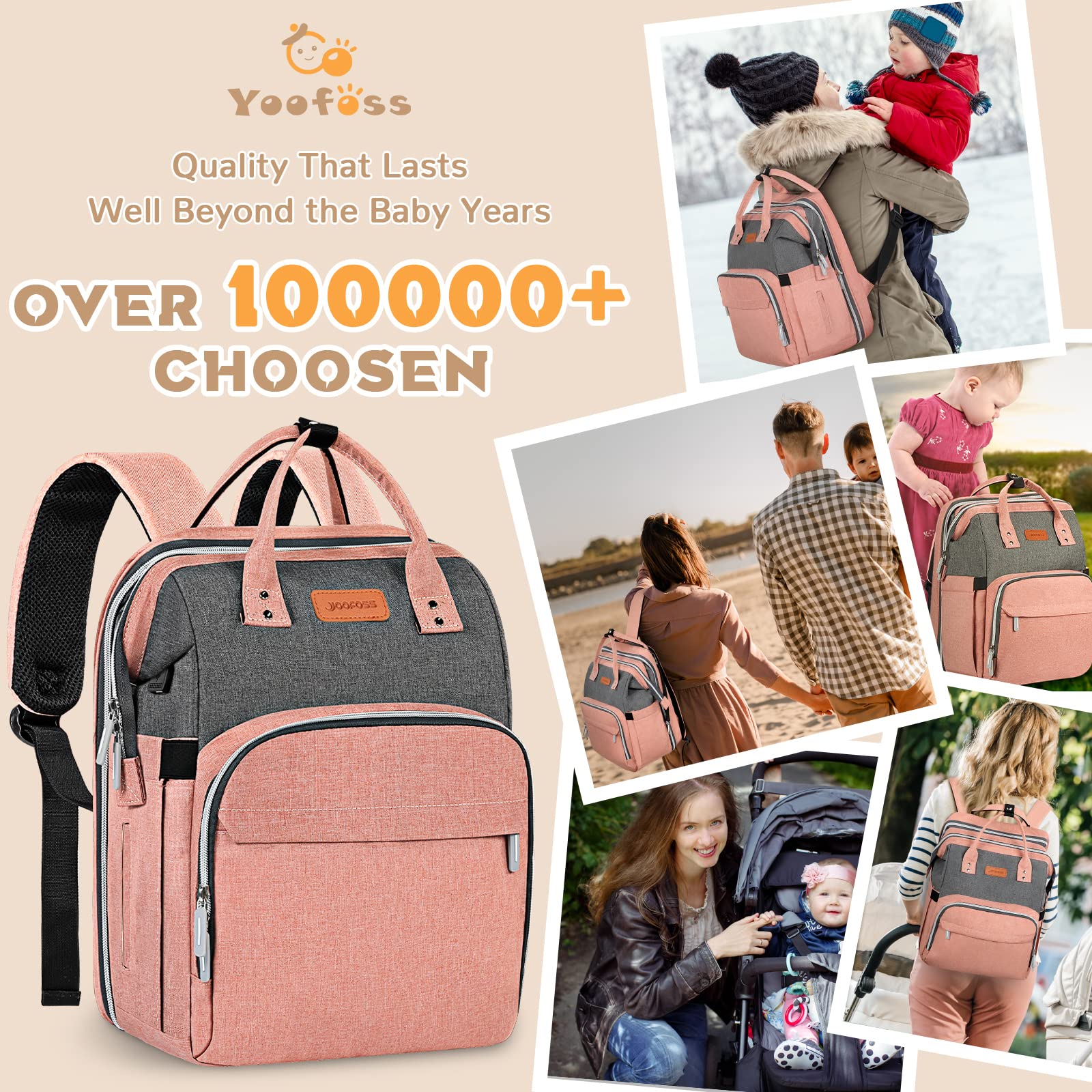 Yoofoss Baby Diaper Bag Backpack, Large Baby Bag Multifunction Diaper Backpack for Baby Girls Boys with USB Charging Port Stroller Straps Pink