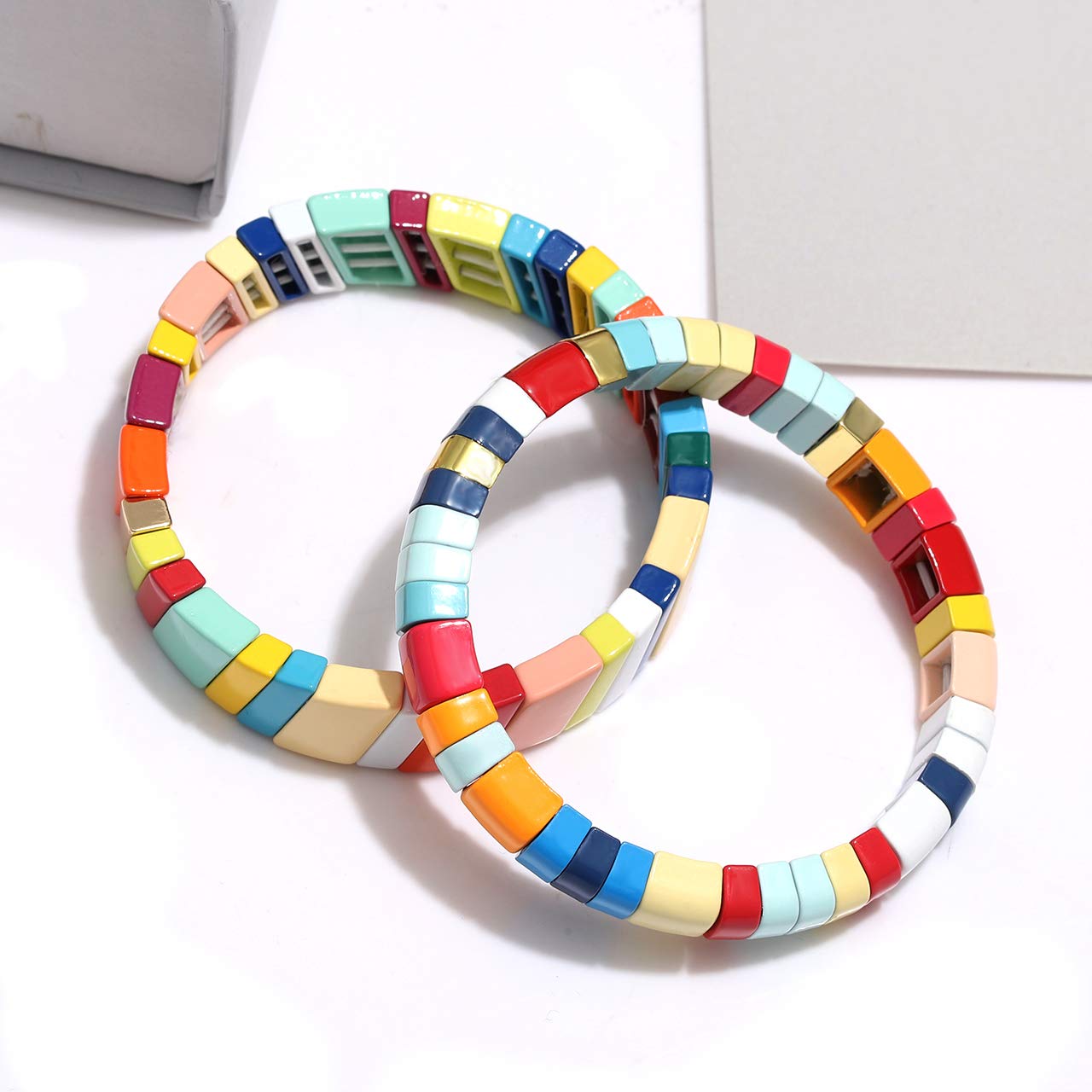 LENOOCLE Rainbow Enamel Tile Bracelet Colorful Enameled Beaded Stretch Bracelet Stackable Color-Block Strand Bracelet Set for Women Men (Rainbow light)