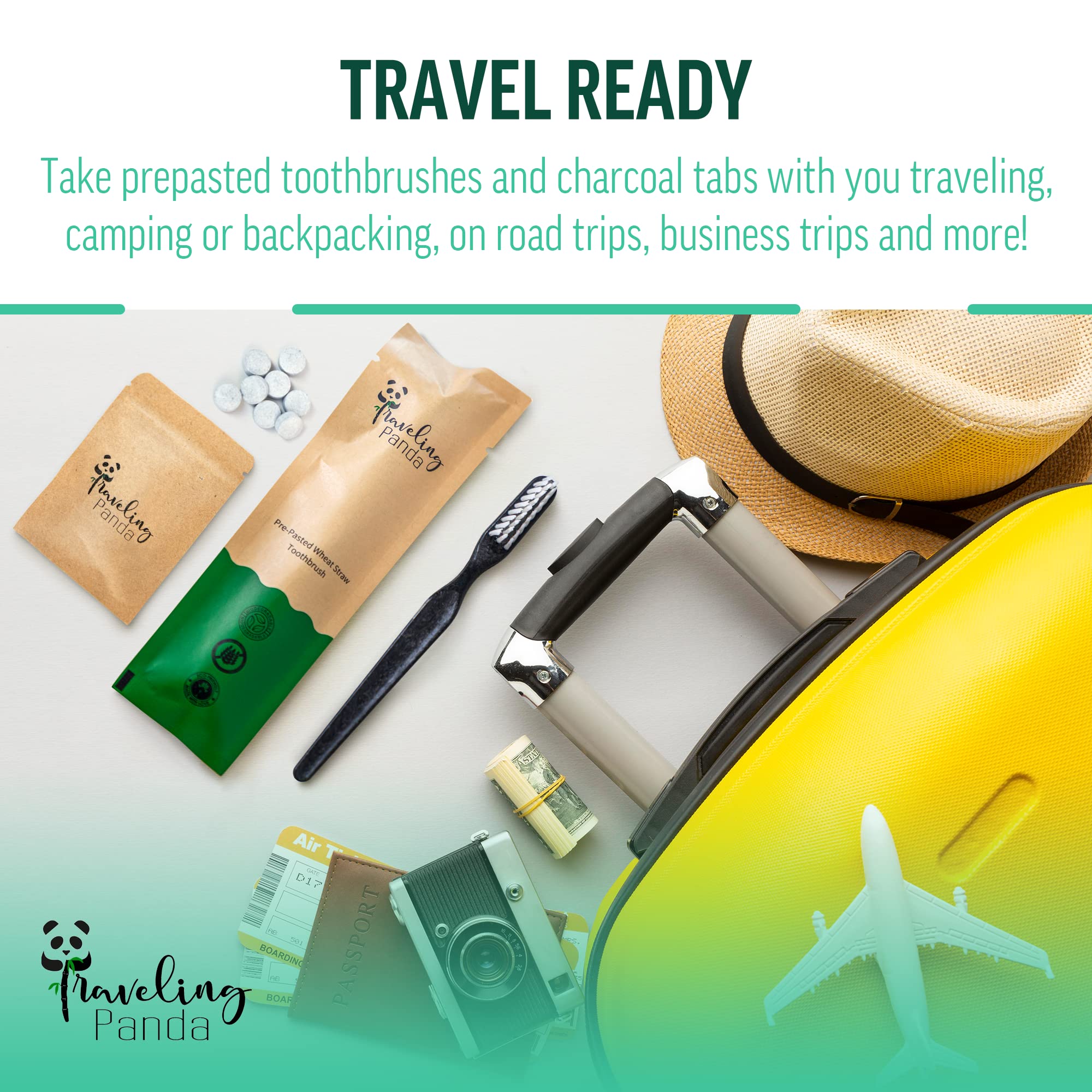 Traveling Panda Wheat Straw Toothbrushes, Soft Bristles Toothbrush with Toothpaste Built in, Travel Toothbrush Kit, Includes Brushes and Mint Toothpaste Tablets, 2 Mini Brushes, 20 Tabs