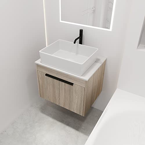Lifeand 24" Modern Design Float Bathroom Ceramic Basin Set, Wall Mounted Vanity with Soft Close Door,2 Pieces Parcel,White Oak