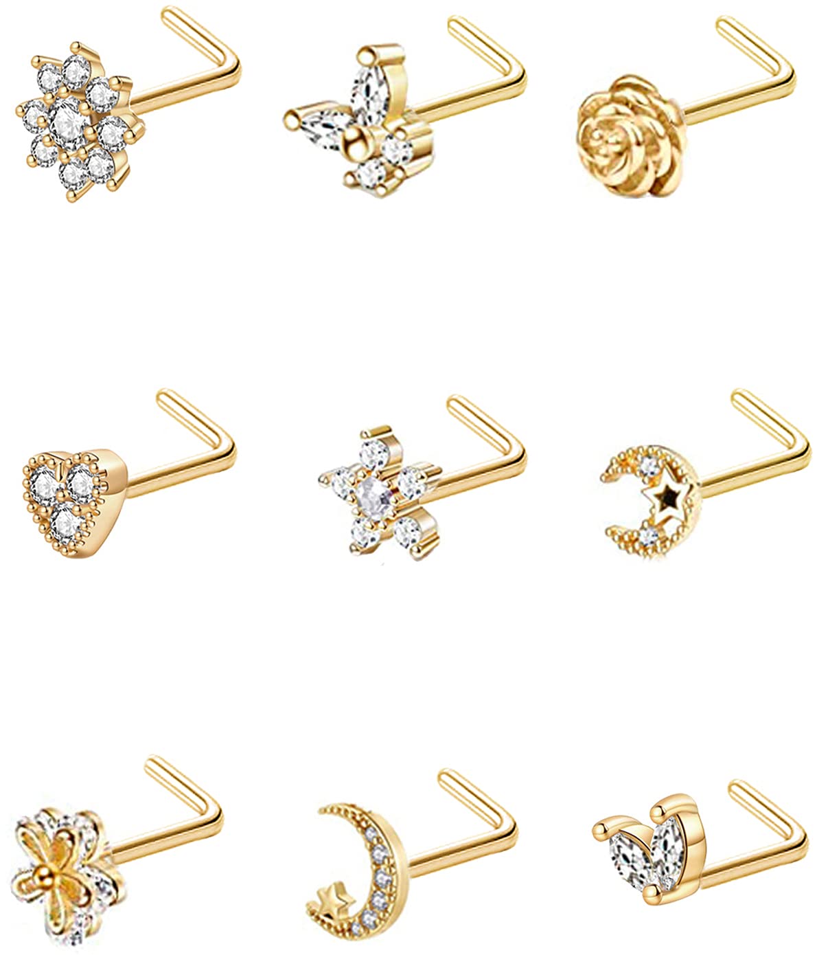 Masedy 9Pcs 20G Stainless Steel Nose Rings L Shaped Nose Studs Flower Screw Nose Rings for Women Men Nose Piercing Set LG