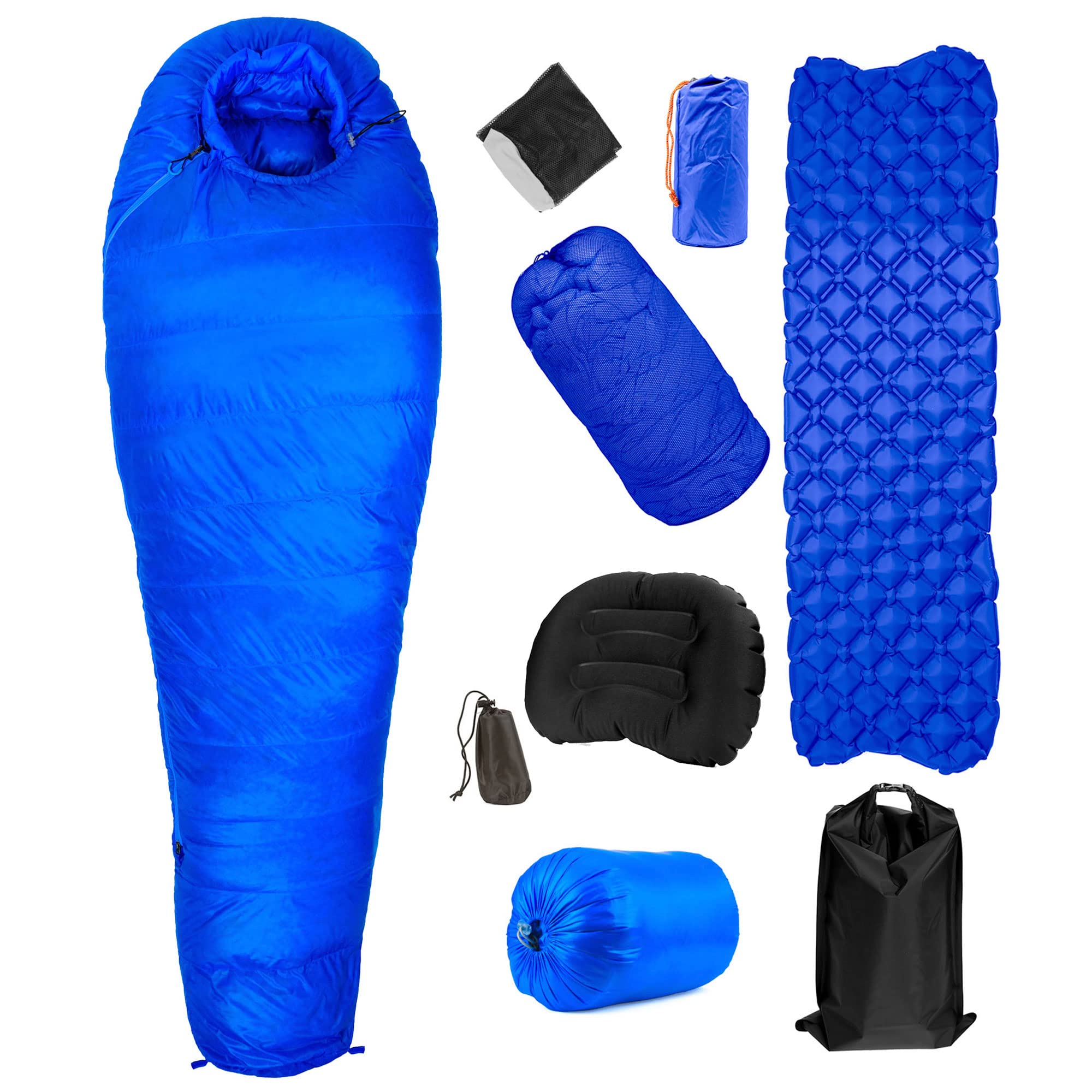 Mummy Sleeping Bag - Insulated Packable Sleeping Bags for Adults with Pillow, Pump Sack, Padded Cushion, Neck Baffle, Hood, Storage Pack - 900 Fill Thermal Bedroll for Camping, Backpacking - 72"x22"