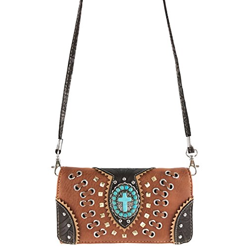 Justin West Floral Tooled Embroidered Western Turquoise Stone Cross Conceal Carry Handbag Purse (Brown Handbag Wallet Set)
