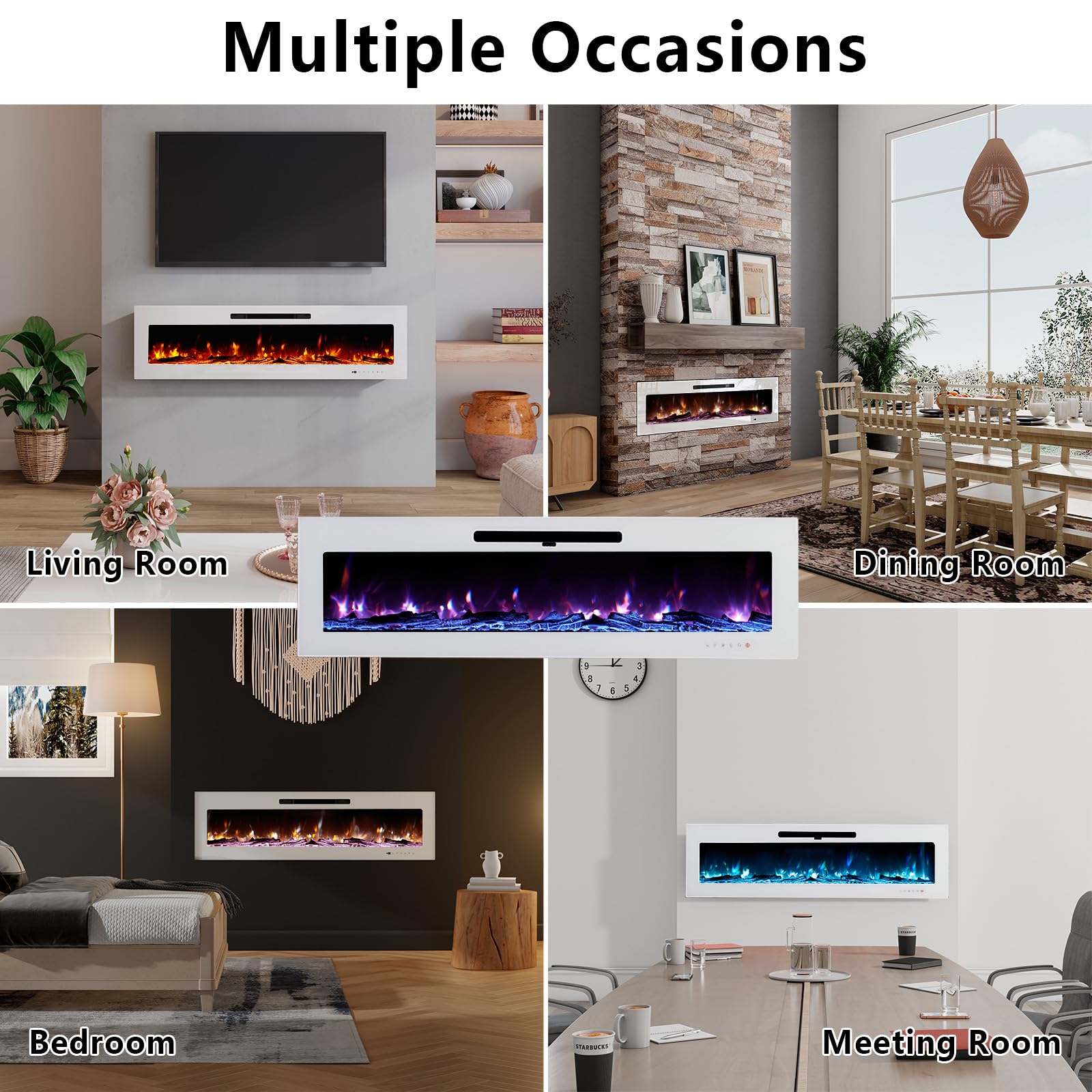 LUXOAK 60" Recessed and Wall Mounted Electric Fireplace with Adjustable Flame Brightness, Mirrored Fireplace Freestanding with Legs, Remote Control & Touch Screen, Low Noise, White