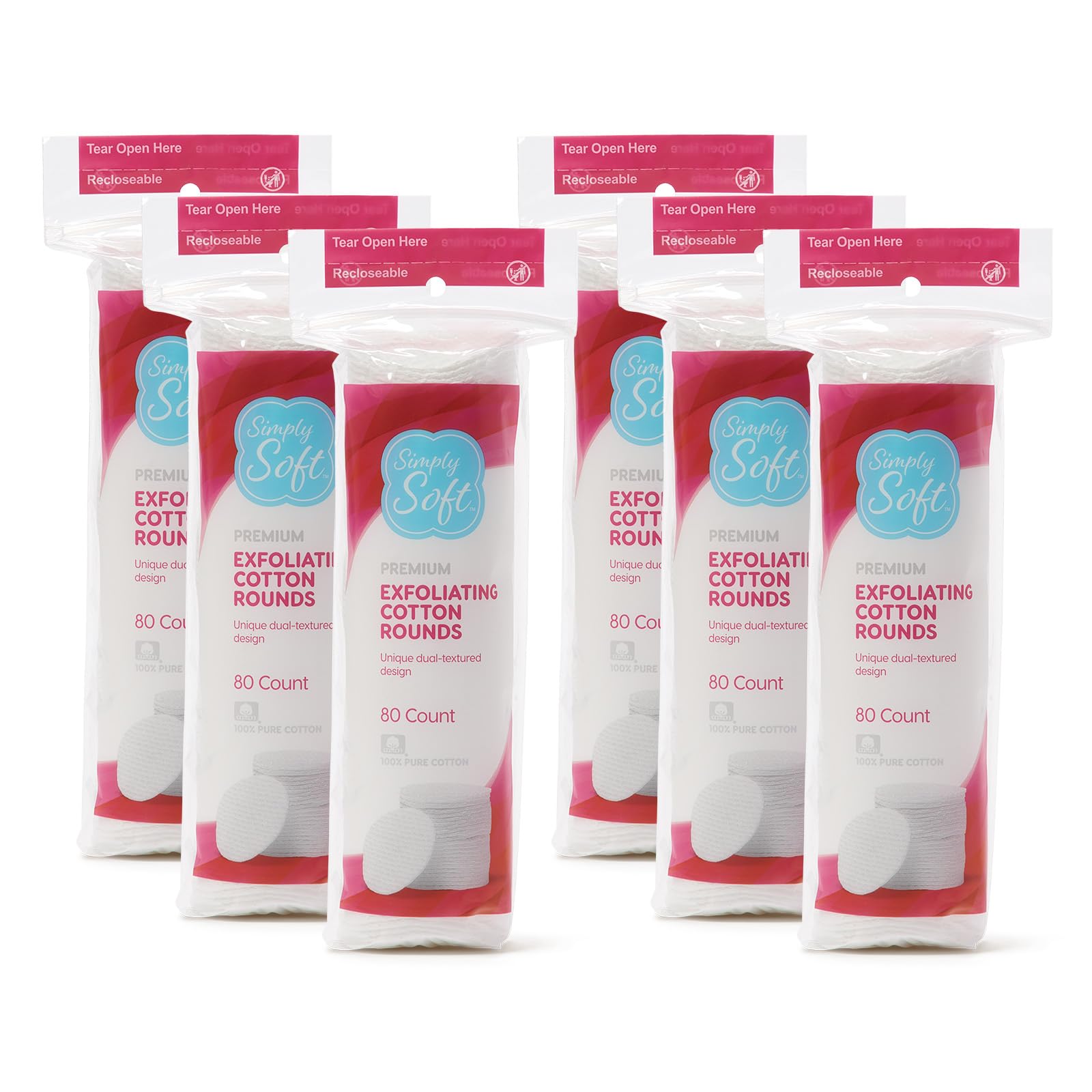 Medline Simply Soft Hypoallergenic Exfoliating Dual Textured Cotton Rounds Pads, 80 Count (Pack of 6)