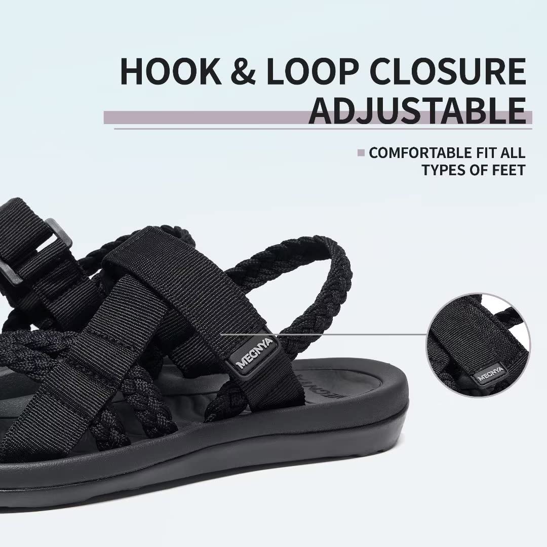 MEGNYA Comfortable Flip Flop Sandals for Ladies, Lightweight and Non Slip Rubber Hiking Sandals for Adventure, Arch Support Sandals with Hook and Loop Comfy Straps Black Size 10