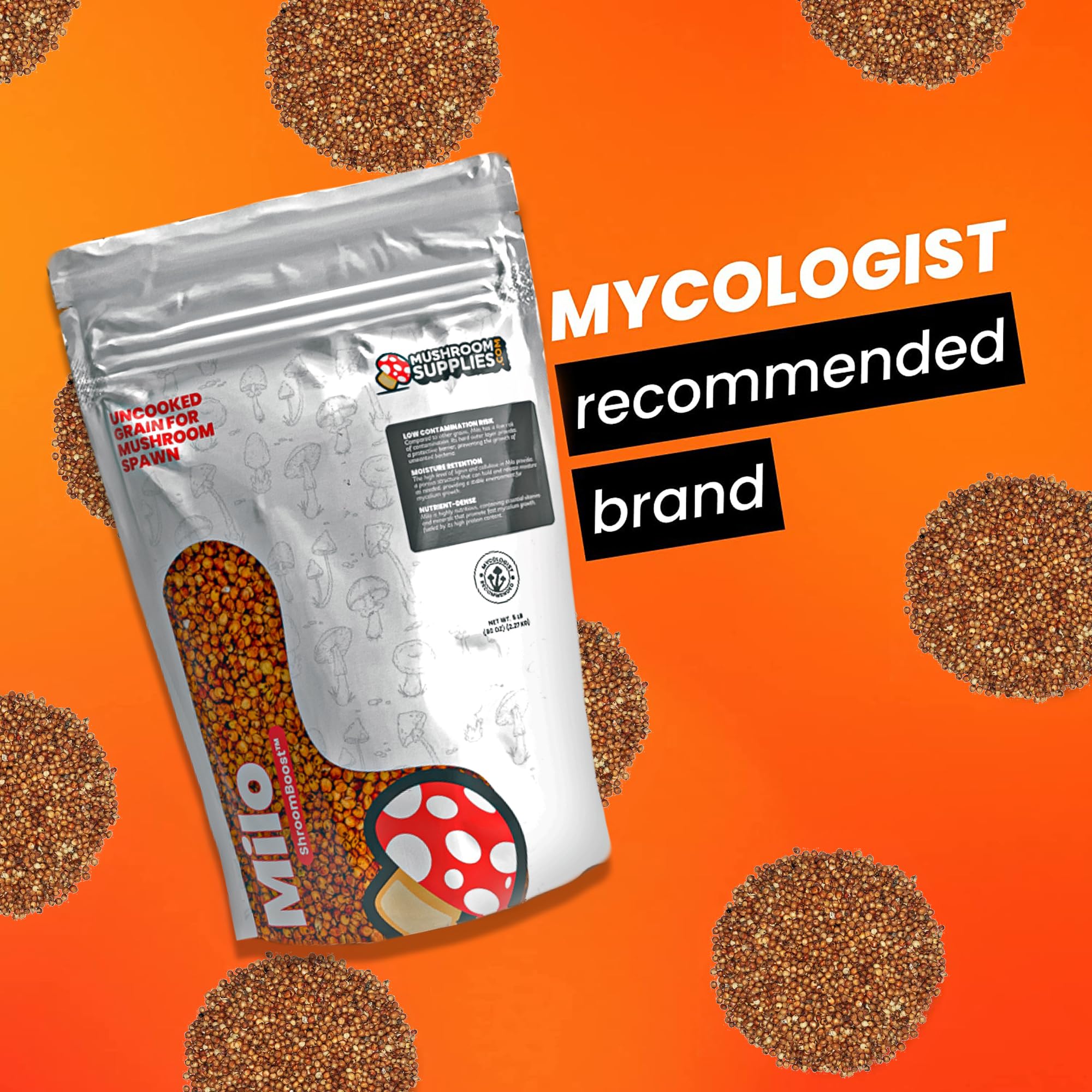 MushroomSupplies.com Non-Sterilized Milo for Mushroom Growing - ShroomBoost™ Uncooked Grain Spawn - Substrate & Monotub Solution - Perfect for DIY Mushroom Grow Kits & Spawn Bags - 5 LBS