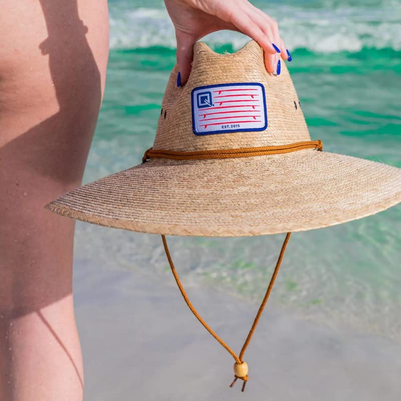 Qwave Packable Straw Hat, Lifeguard Hat for Men and Women, Stone Washed Beach Straw Hat, Protection from Summer Sun Hat - American Flag Surfboard