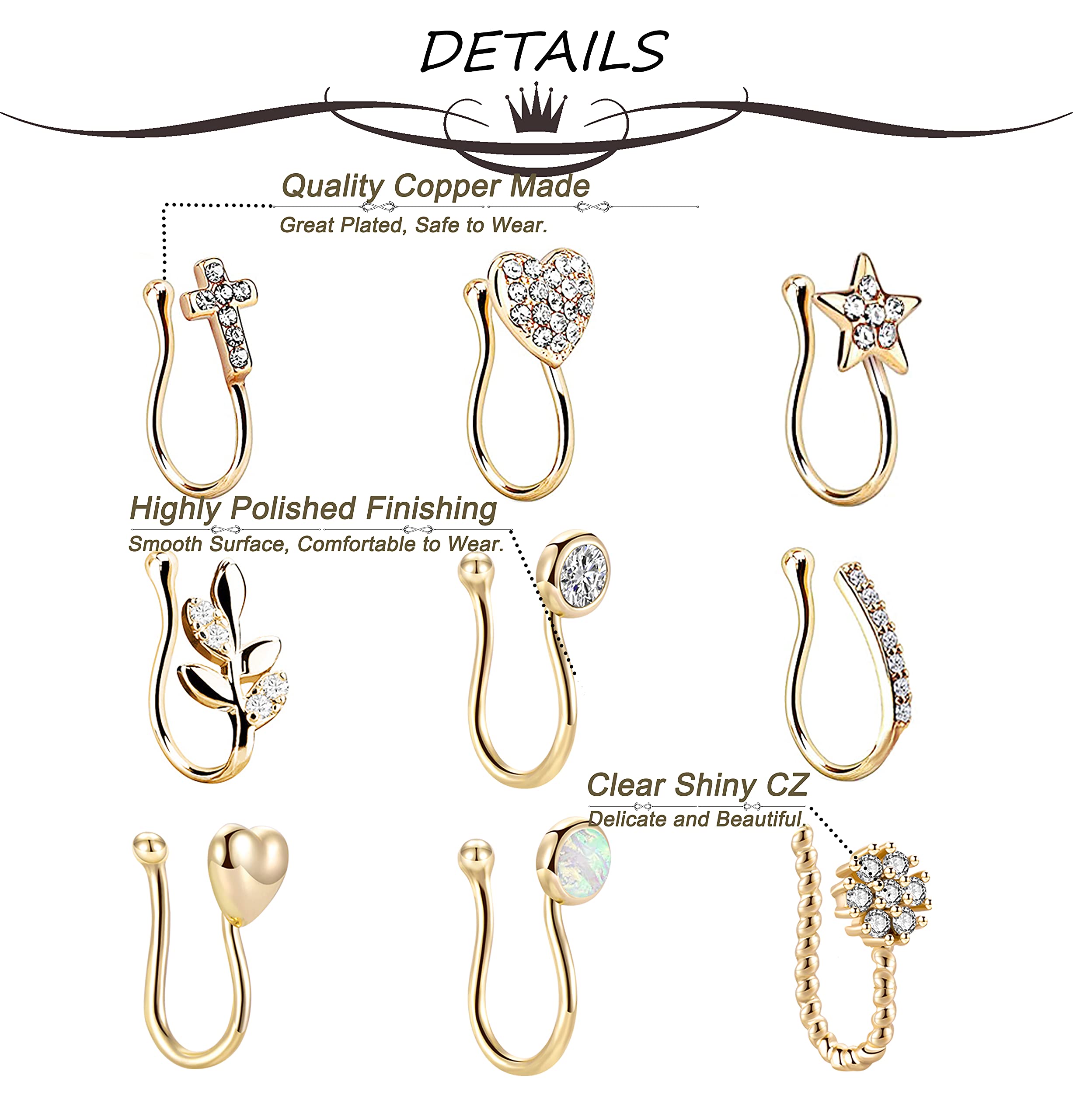 Masedy 9Pcs Fake Nose Rings Hoop Clip On Faux Setump Cartilage Tragus Ring Non Piercing Jewelry G