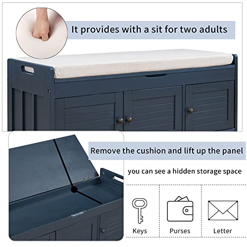 Lifeand, Shoe Removable Cushion and Hidden Space Storage Bench with 3 Shutter-Shaped Doors, 1, Antique Navy