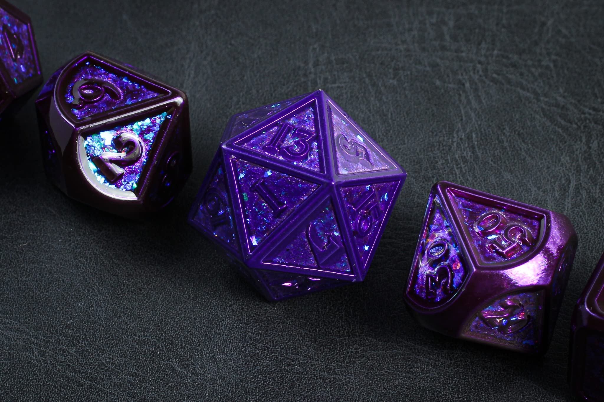 Purple Astro Light DND Metal Dice Set for Dungeons and Dragons, Gifts, D&D, D and D, Pathfinder, Accessories, D20, Polyhedral, Resin Dice, Metal, Dice Tray, Tower, Bag, Box