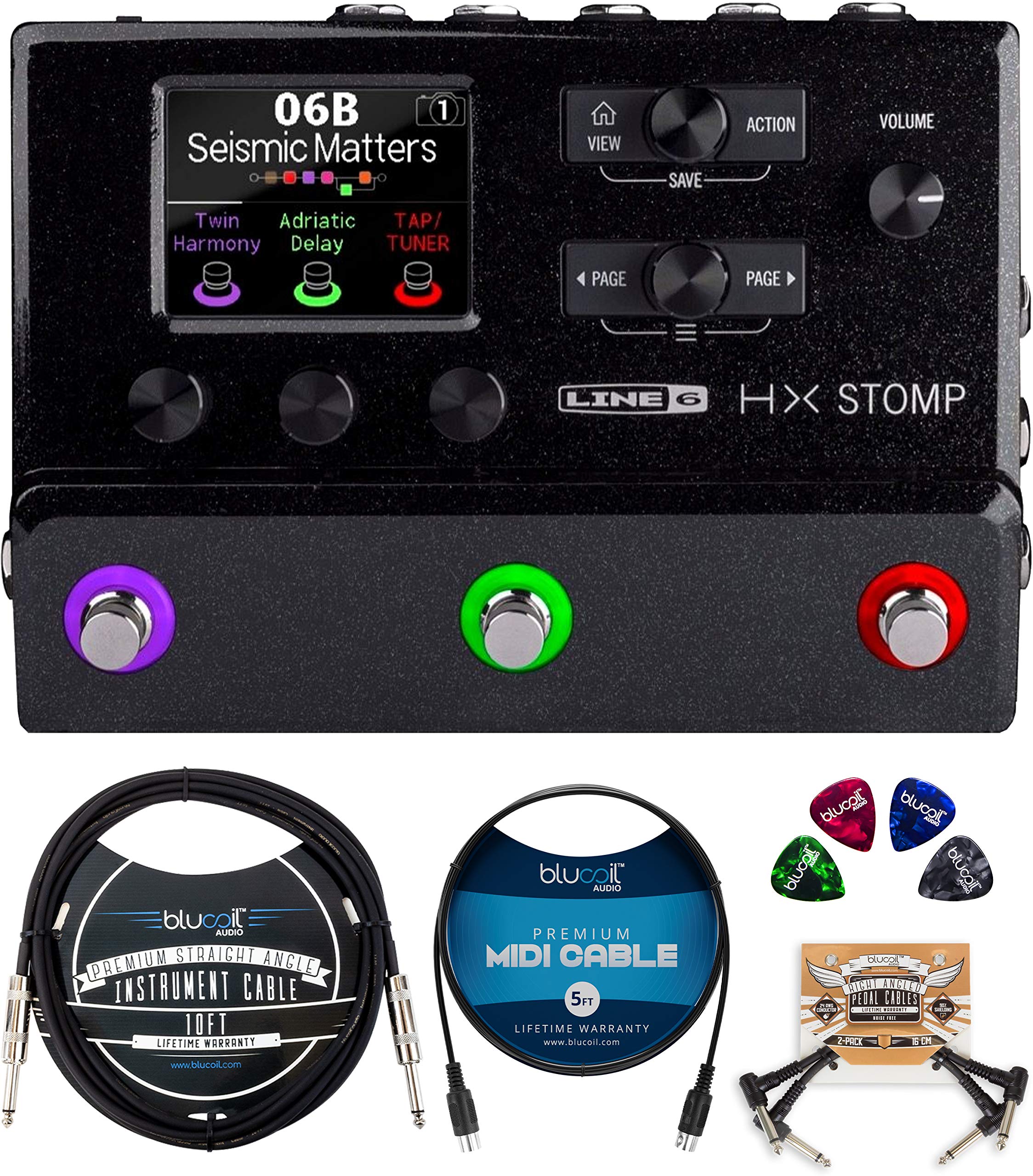 Line6 HX Stomp Multi-Effects Guitar Pedal (Black) Bundle with Blucoil 10-FT Straight Instrument Cable (1/4in), 5-FT MIDI Cable, 2-Pack of Pedal Patch Cables, and 4-Pack of Celluloid Guitar Picks