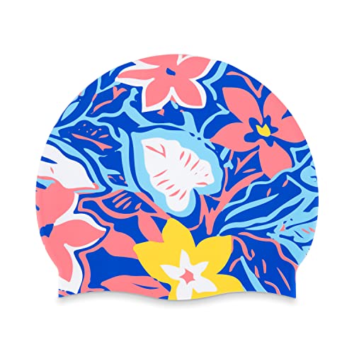 Speedo Unisex-Adult Swim Cap Silicone Elastomeric, Floral Dazzling Blue, One Size