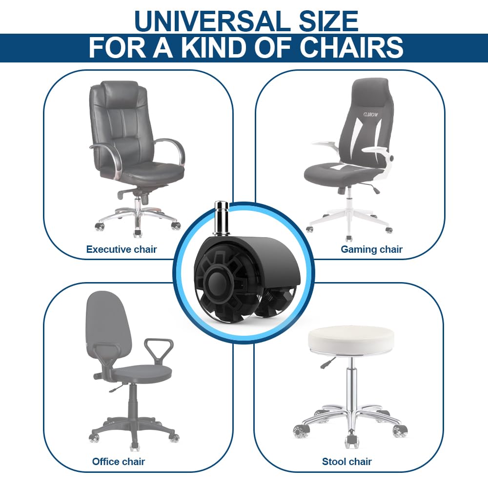 Office Chair Wheels Casters-Protection for Hardwood Floors and Carpet, Heavy Duty Silent Computer Chair Wheels with Standard Stem 7/16″* 7/8″(11mm*22mm),Office Furniture Casters Set of 5(Black)