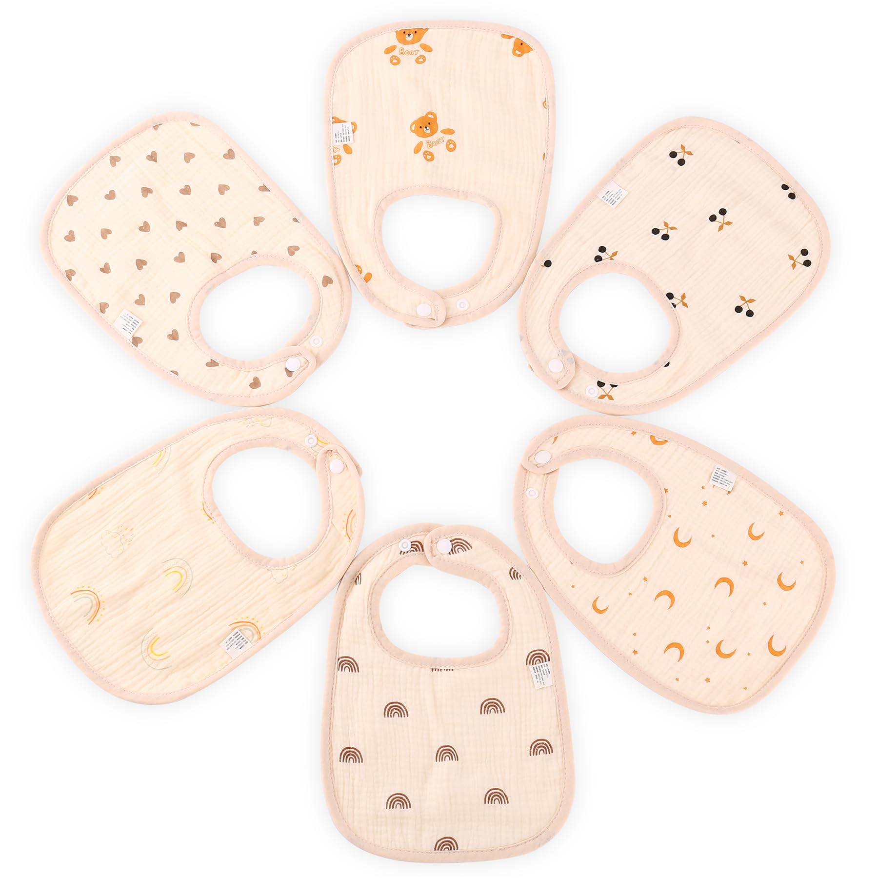 Mom Beebi 6 Pack Muslin Bibs, 100% Cotton Muslin Baby Bibs for Boys & Girls, Unisex Soft & Absorbent Multi-Layer Baby Bibs for Drooling and Teething