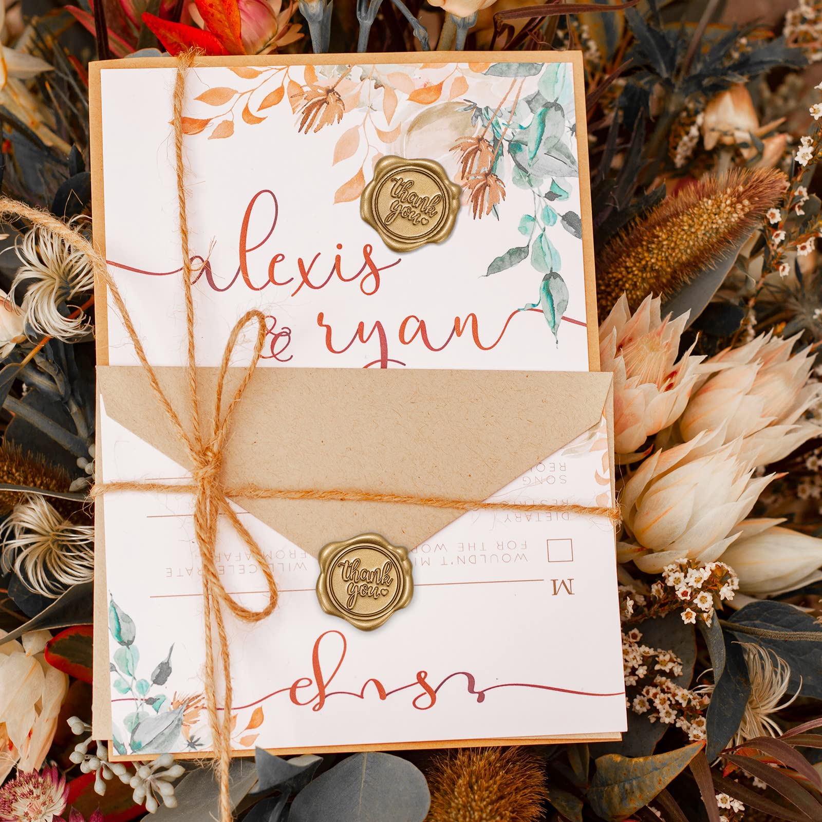 Whaline 50Pcs Thank You Wax Seal Stickers Gold Envelope Seal Stickers 3D Self-Adhesive Embossed Stickers for DIY Greeting Invitation Cards Snail Mails Wine Packages Gift Decor