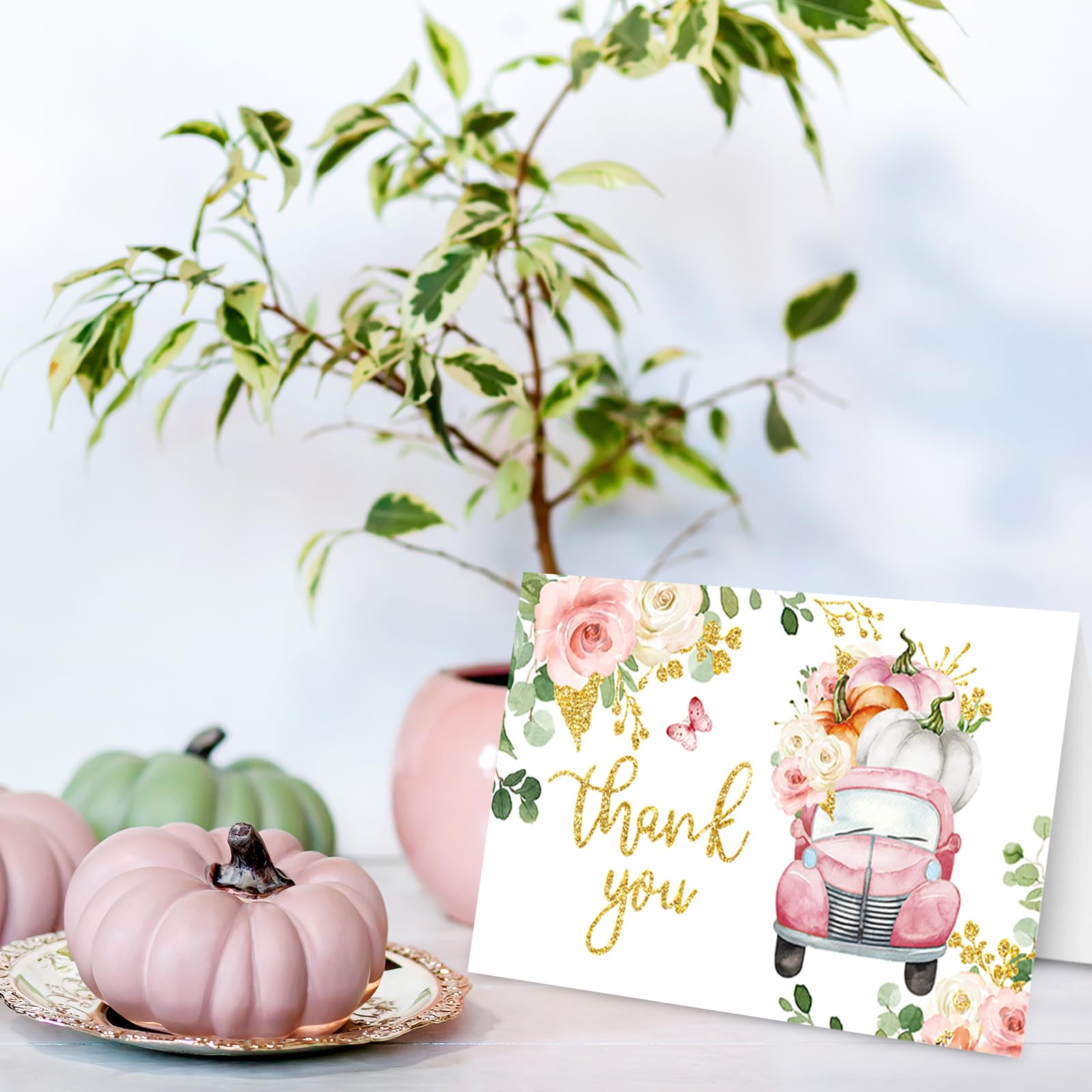 Whaline 36 Pack Fall Gold Foil Thank You Cards Pink Floral Pumpkin Greeting Cards Autumn Blank Note Cards with Stickers Envelopes for Thanksgiving Wedding Bridal Shower