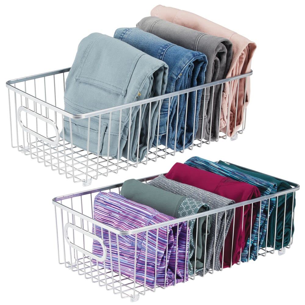 mDesign Decorative Metal Drawer Organizer Tray, Storage Organizer Bin Basket with Handles, for Closets, Bedrooms, Entryways, Mudrooms, Kitchens, Pantry, Bathrooms - 8" Wide, 2 Pack - Chrome
