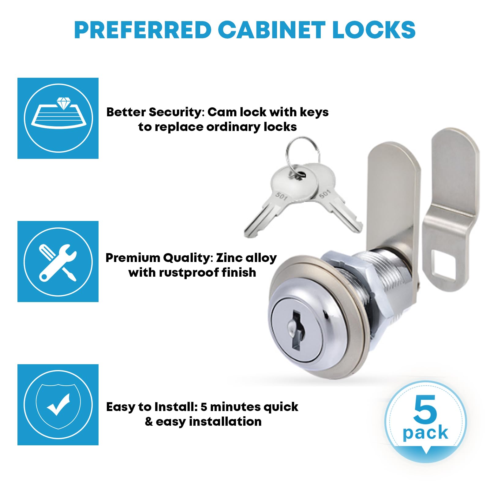 Kohree Cabinet Locks with Keys, 1-1/8 Inch (28mm) RV Locks Cam Locks for Tool Box, Mailbox Locks 5 Pack Keyed Alike, RV Storage Locks, RV Compartment Locks, Drawer Lock, Cylinder Lock, Zinc Alloy