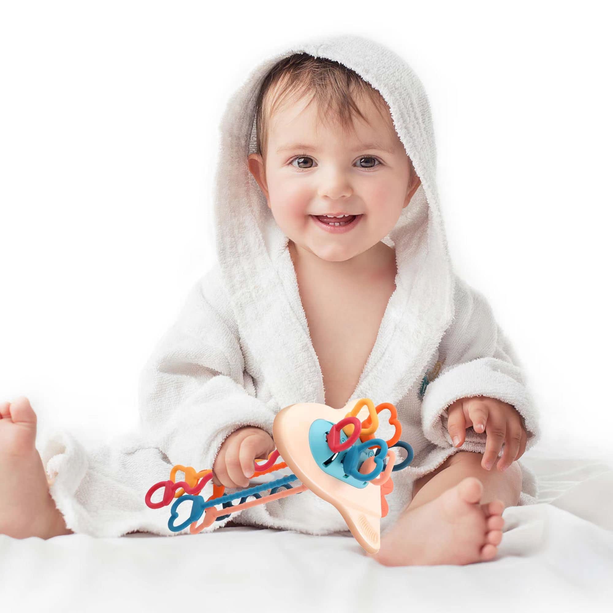 Silicone Pull String Interactive Toy, New 3-in-1 Teething Teether, Rattles ,Silicone Toys, Hidden Surprise Toys for Kids,Toys for Boys/Girls/Toddlers/Baby Age 18 M+