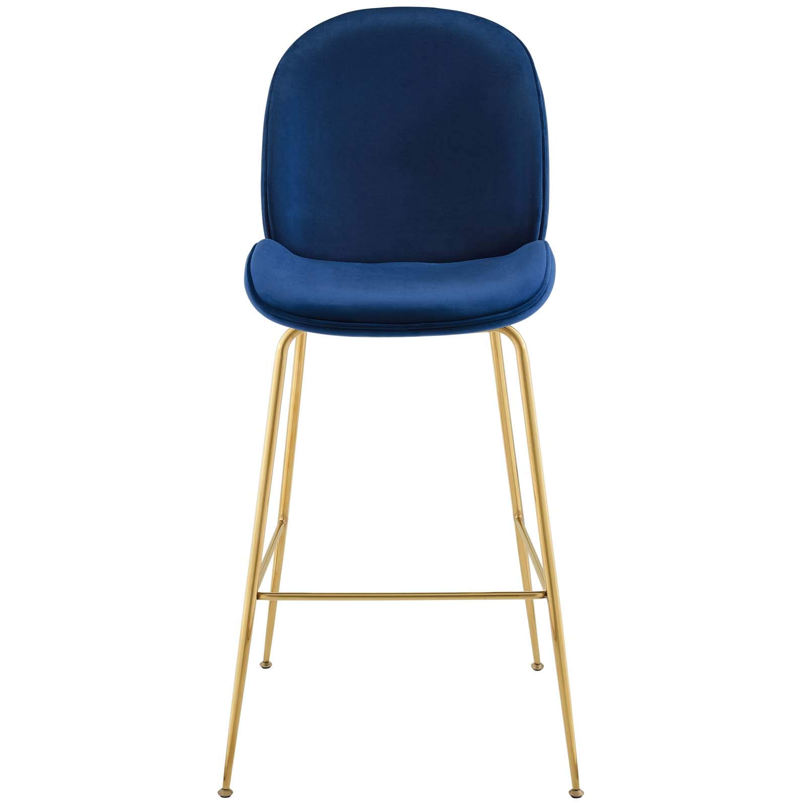 Modway Scoop Performance Velvet Dining Bar Stool with Gold Stainless Steel Metal Base in Navy