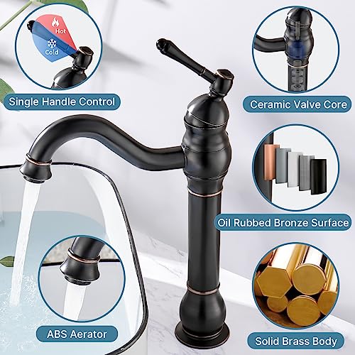 Solepearl Vessel Sink Faucet Oil Rubbed Bronze, 360° Swivel Bathroom Sink Faucet with Pop Up Drain, Countertop 7.87" Tall Spout Single Handle Lavatory Vanity Mixer Tap, Single Hole Deck Mount