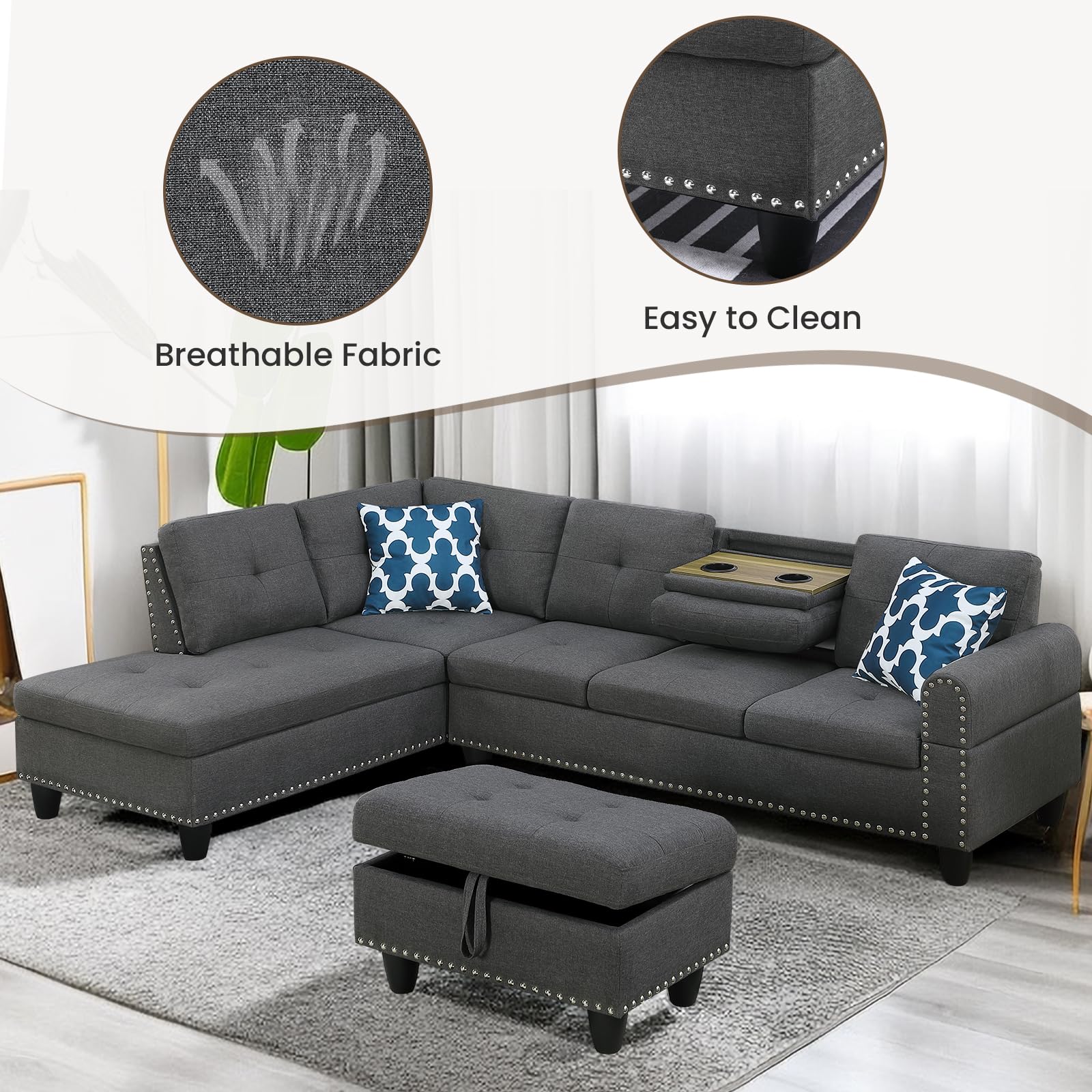 Yafylly L Shaped Sectional Couch, Living Room Furniture Set with Storage Ottoman, Deep Seat Modular Sofa with 2 Cup Holders, 2 Throw Pillows for Large Space, Grey