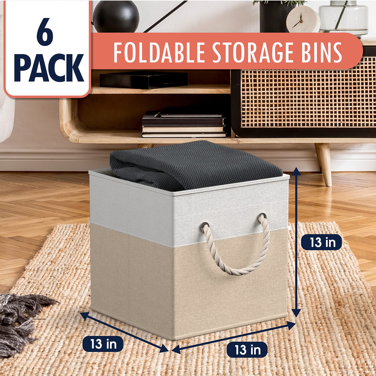 Ornavo Home Foldable Collapsible Storage Box Bins Linen Fabric Shelf Basket Cube Organizer with Rope Handles - Set of 6 - 13 x 13 x 13 - White/ Khaki