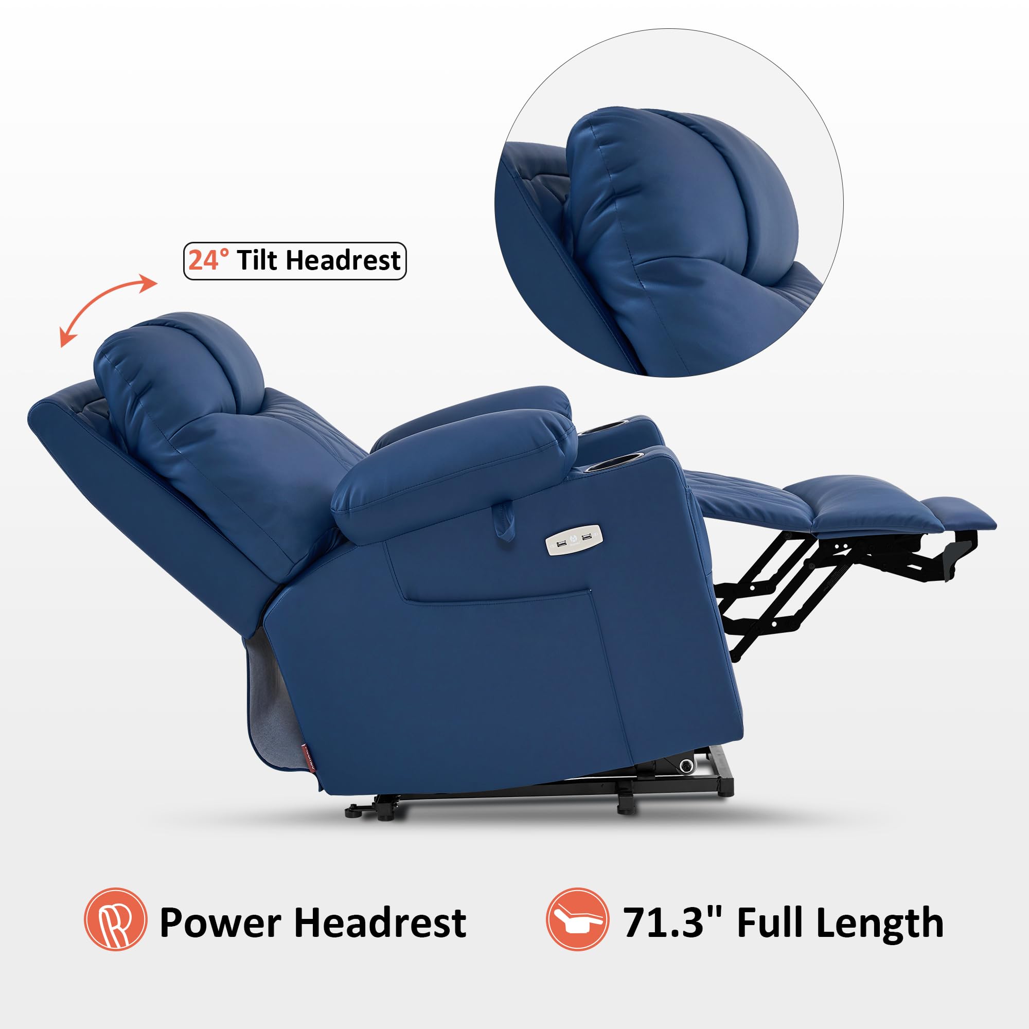 MCombo Small Size Electric Power Lift Recliner Chair Sofa with Massage and Dual Heating, Adjustable Headrest for Elderly People Petite, USB Ports, Faux Leather 7111 (Blue)