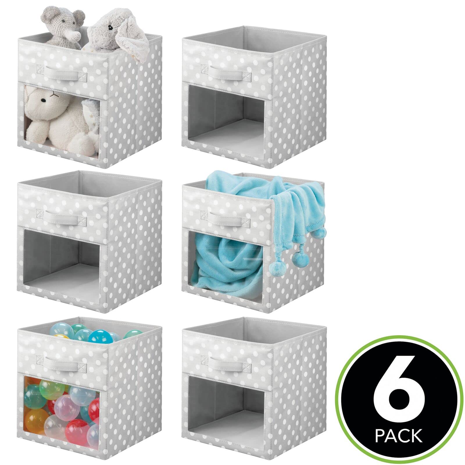 mDesign Fabric Nursery/Playroom Closet Storage Organizer Bin Box, Front Handle/Window for Cube Furniture Shelving Unit, Hold Toys, Clothes, Diapers, Bibs, Lido Collection, 6 Pack, Gray/White Polka Dot