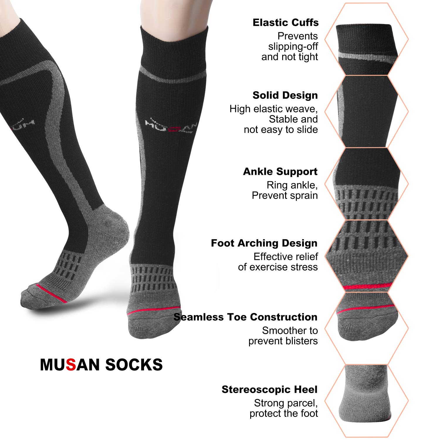 MUSAN Wool Ski Socks,Extra Warm Knee High Performance Snow Skiing/Snowboard Socks in Outdoor,Fit for Men and Women,19Black-3Pack, Size:M