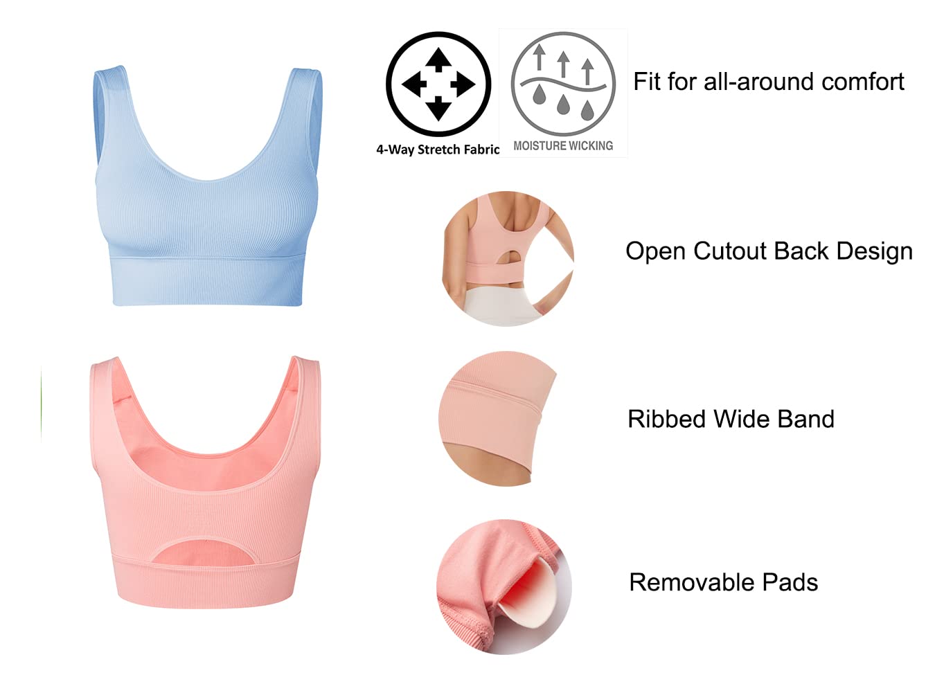 SEGRILA Women’s Sports Bra Ribbed Seamless Medium Support Workout Yoga Bras with Removable Pads,Pink+Purple+Blue,M