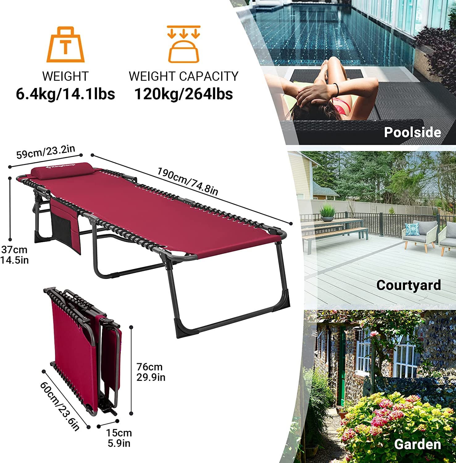 KingCamp Adjustable 5-Position Heavy Duty Folding Chaise Lounge Chair with Pillow Pocket, Portable Great for Outdoor Patio Lawn Beach Pool Sunbathing, Supports 264lbs(2 Pack)