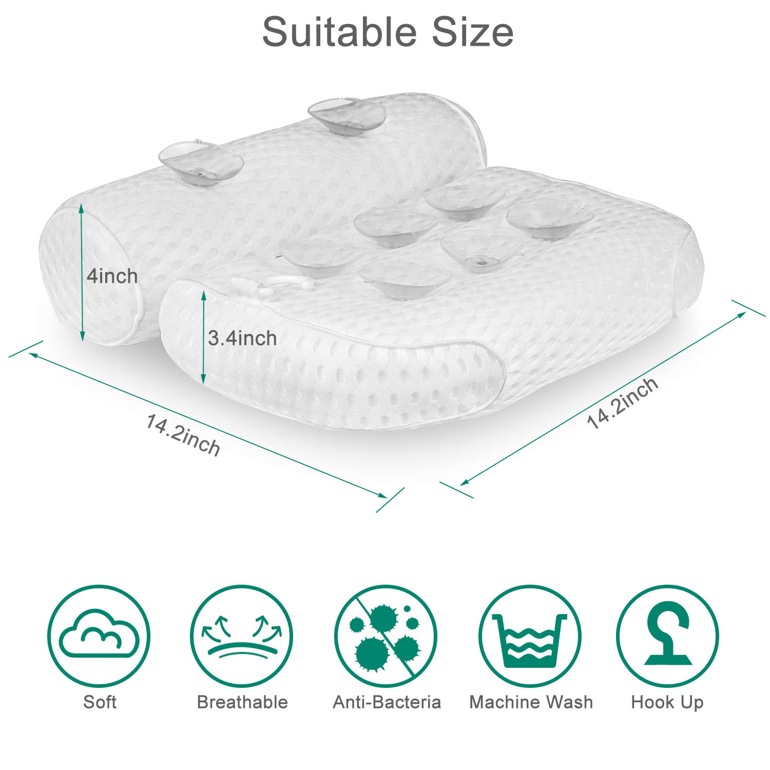 Luxury Bath Pillow, Non-Slip Upgraded Bathtub Pillow (8 Suction Cups), Enlarged Suction Cups with Stronger Suction, Upgraded 4D Tub Pillow, Better Neck and Back Support, Soft & Quick-Drying