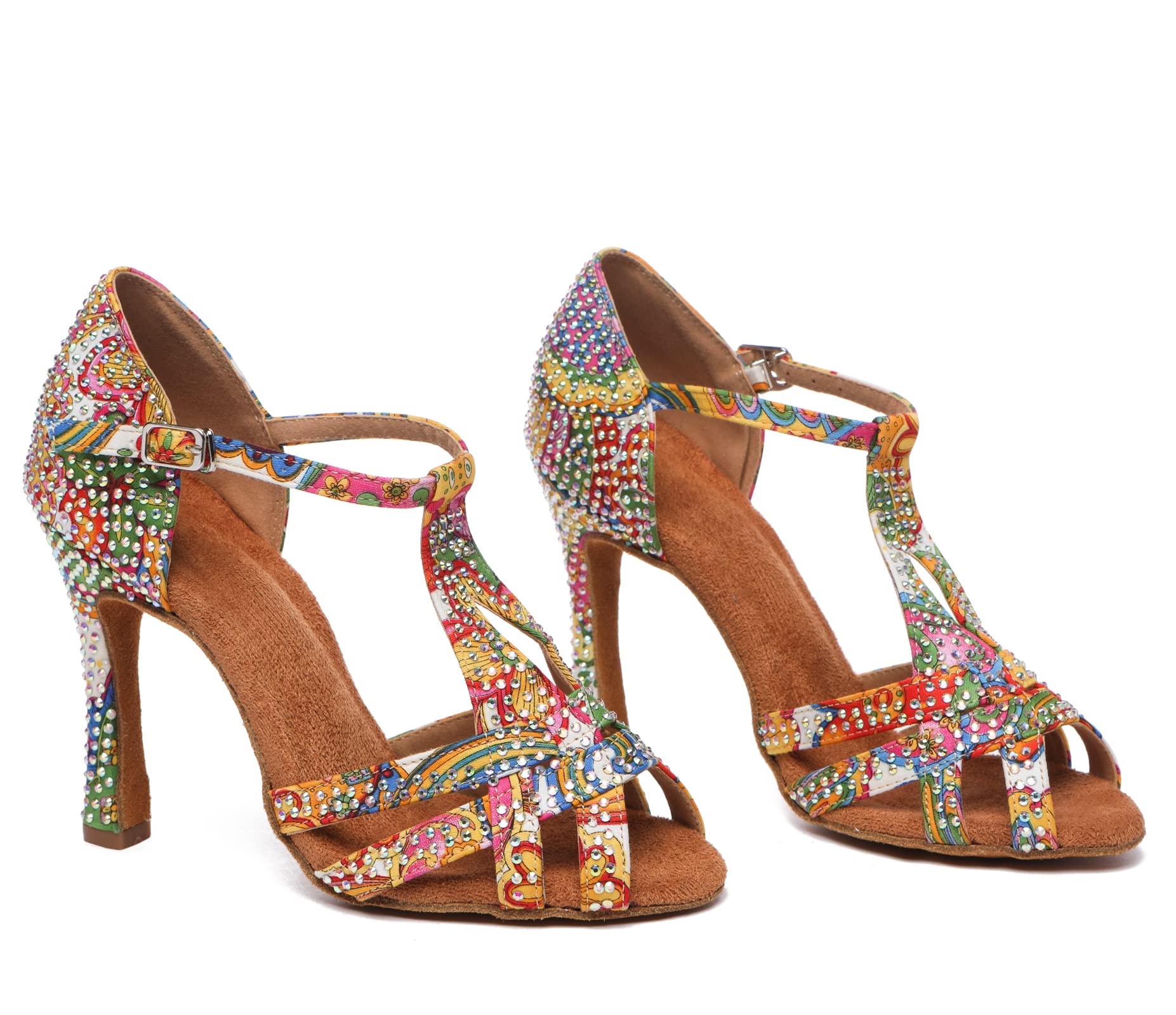 Minishion T-Strap Dance Shoes for Women Rhinestones Wedding Sandals L547 Multicolor US 9
