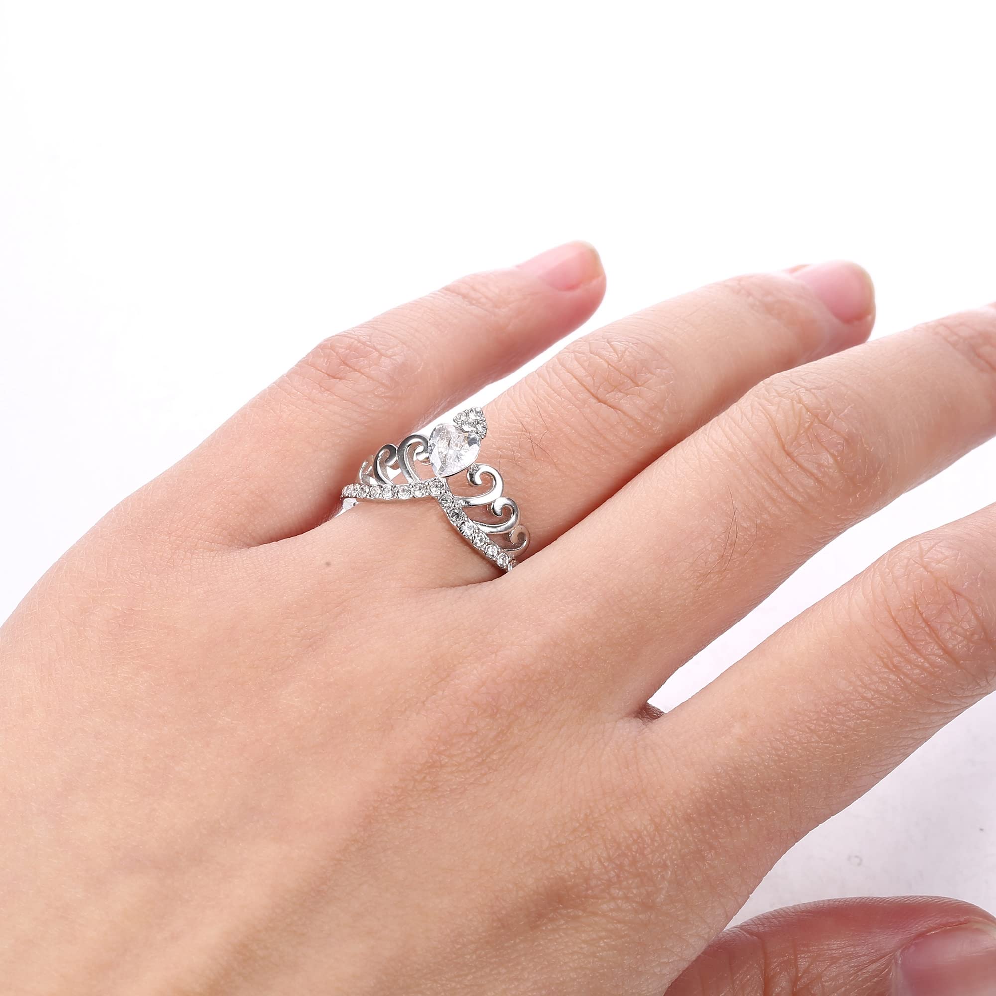 MUSECLOUD 925 Sterling Silver Crown Ring for Women Cubic Zirconia Princess Ring CZ Heart Promise Ring for Her Size 9