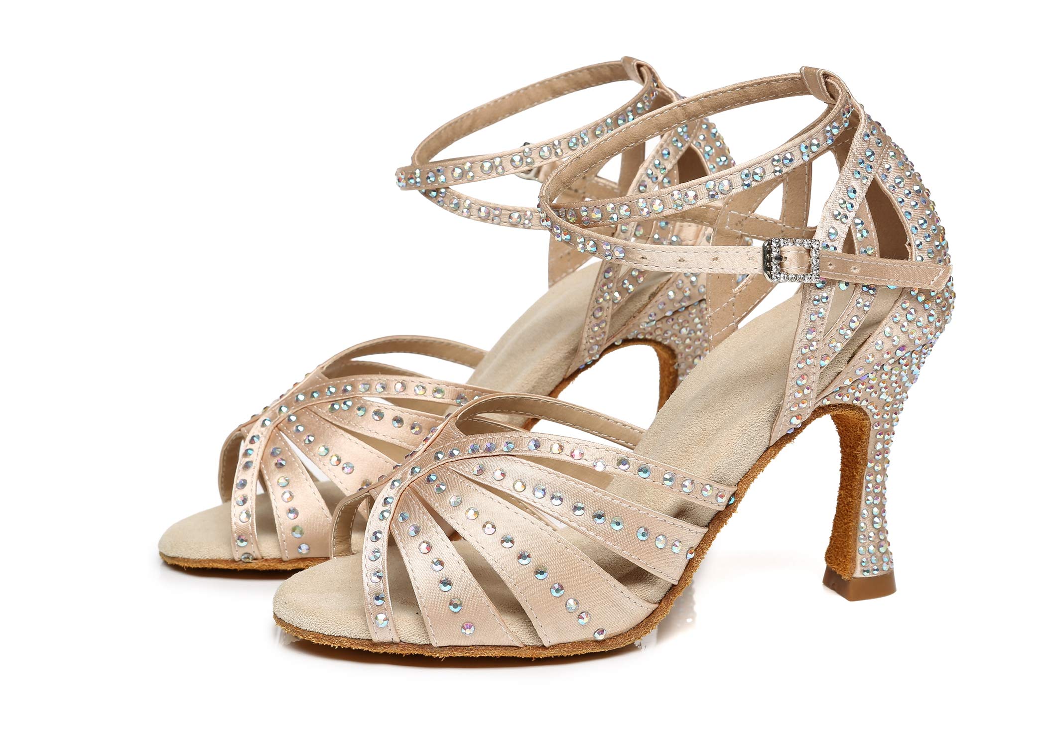 Minishion Women's Salsa Shoes Ankle Strap Beaded Dance Shoes L440 Nude US 8