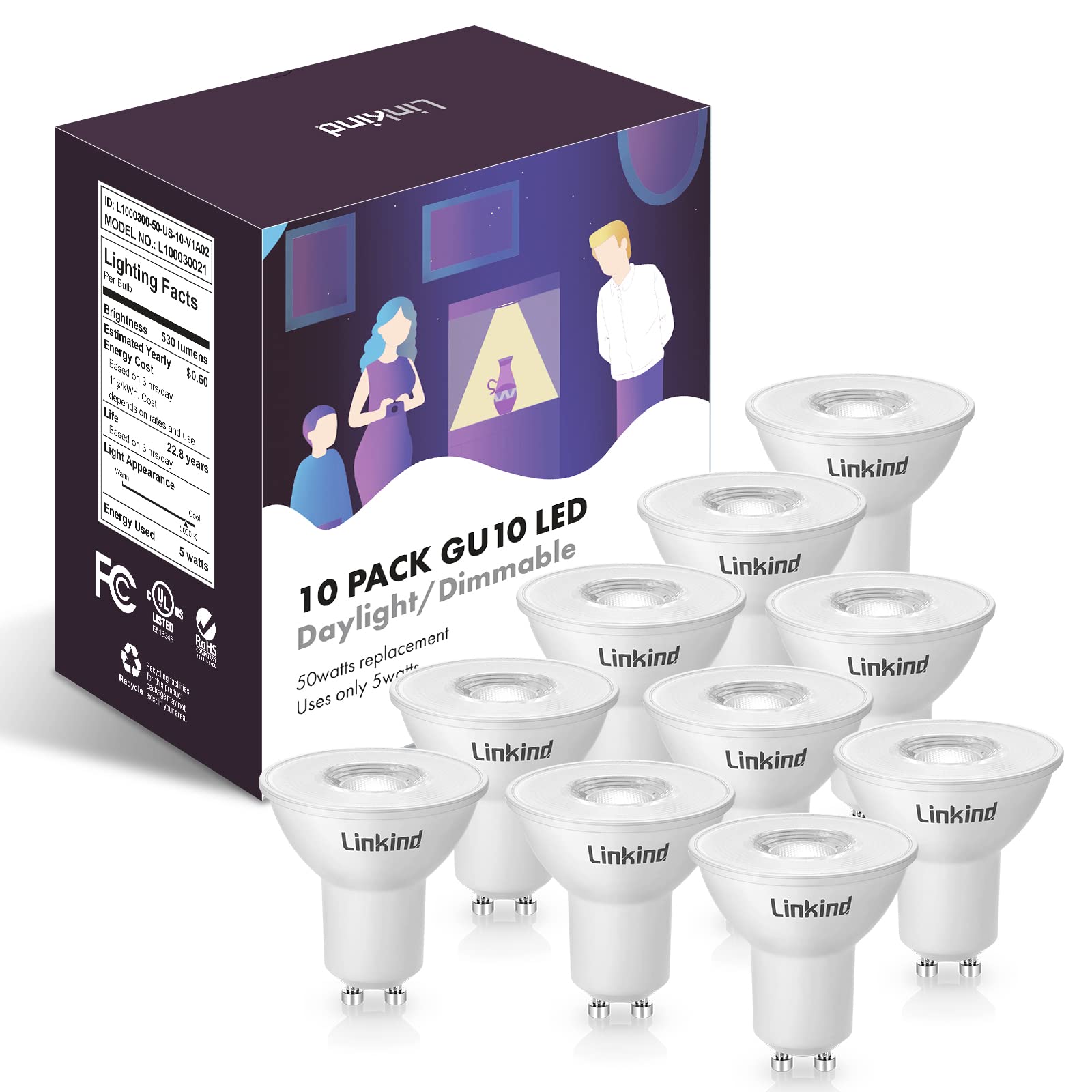 Linkind GU10 LED Bulbs, 10-Pack Dimmable MR16 GU10 LED Bulbs, 50W Equivalent, 530LM 5000k Daylight Track Light Bulbs, 40° Spot Light Track Light Recessed Light Spotlight, UL Listed