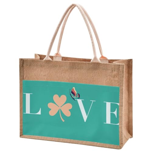 Jute Burlap Tote Love Letter Clover Shamrock Butterfly St Patrick's Day Blue Large Beach Bag Reusable Grocery Shopping Storage Bag