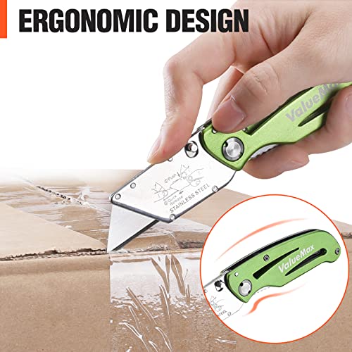 ValueMax Folding Utility Knife Set, All Metal Liner Lock Box Cutter, Quick Change Blade Razor Knife, with 10 Extra SK5 Blades, Set of 3 (Green, Orange, Gray)