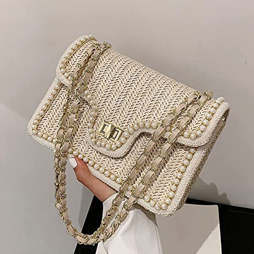 Purses and Handbags Solid Color Sturdy and Durable Lady's Straw Woven Bag Summer Hand-woven Straw Shoulder Bag (Color : White, Size : Small)