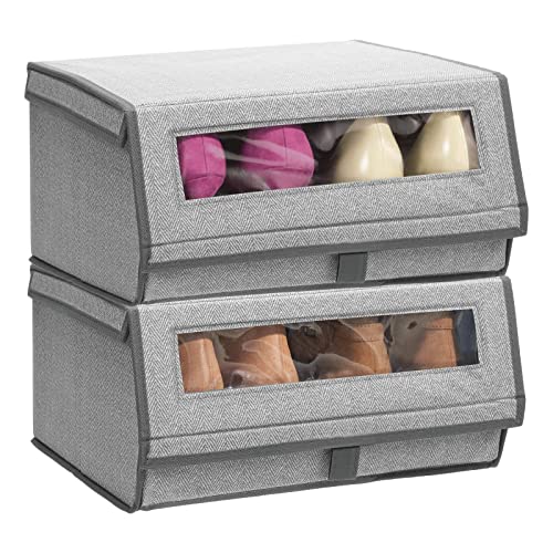 mDesign Large Fabric Closet Shoe Storage Box w/Clear Window - Shoe, Sandal, Sweater, Linen, Clothes Organizer - Boot Storage Solutions - Shoe Bin - Lido Collection, 2 Pack, Gray Herringbone