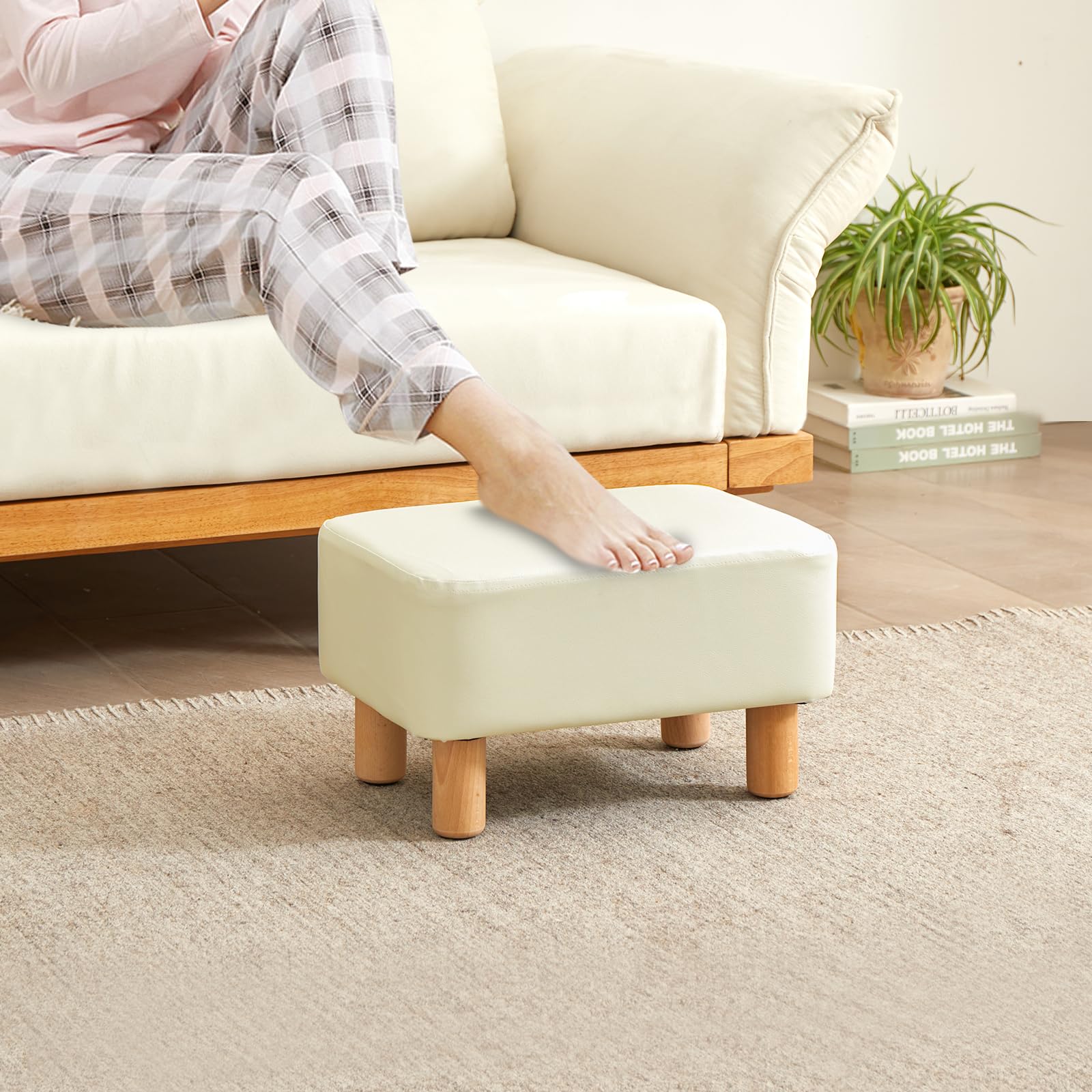 Leesingdo Rectangular Small Ottoman with Solid Beech Wood Legs, 16" PU Ottoman Footstool, Shoe Changing Stool, Foot Rest Ottoman with Non-Slip Feet and Soft Padding for Living Room, Bedroom, White