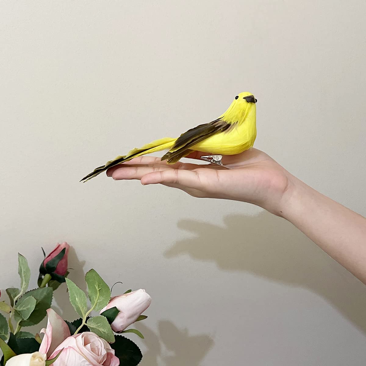 LWINGFLYER 4pcs Artificial Simulation Foam Bird Feather Sparrow with Metal Clip Ornaments DIY Craft for Wedding Decoration Home Garden Establishment Party Accessories 20cm/7.87inch (Pink)