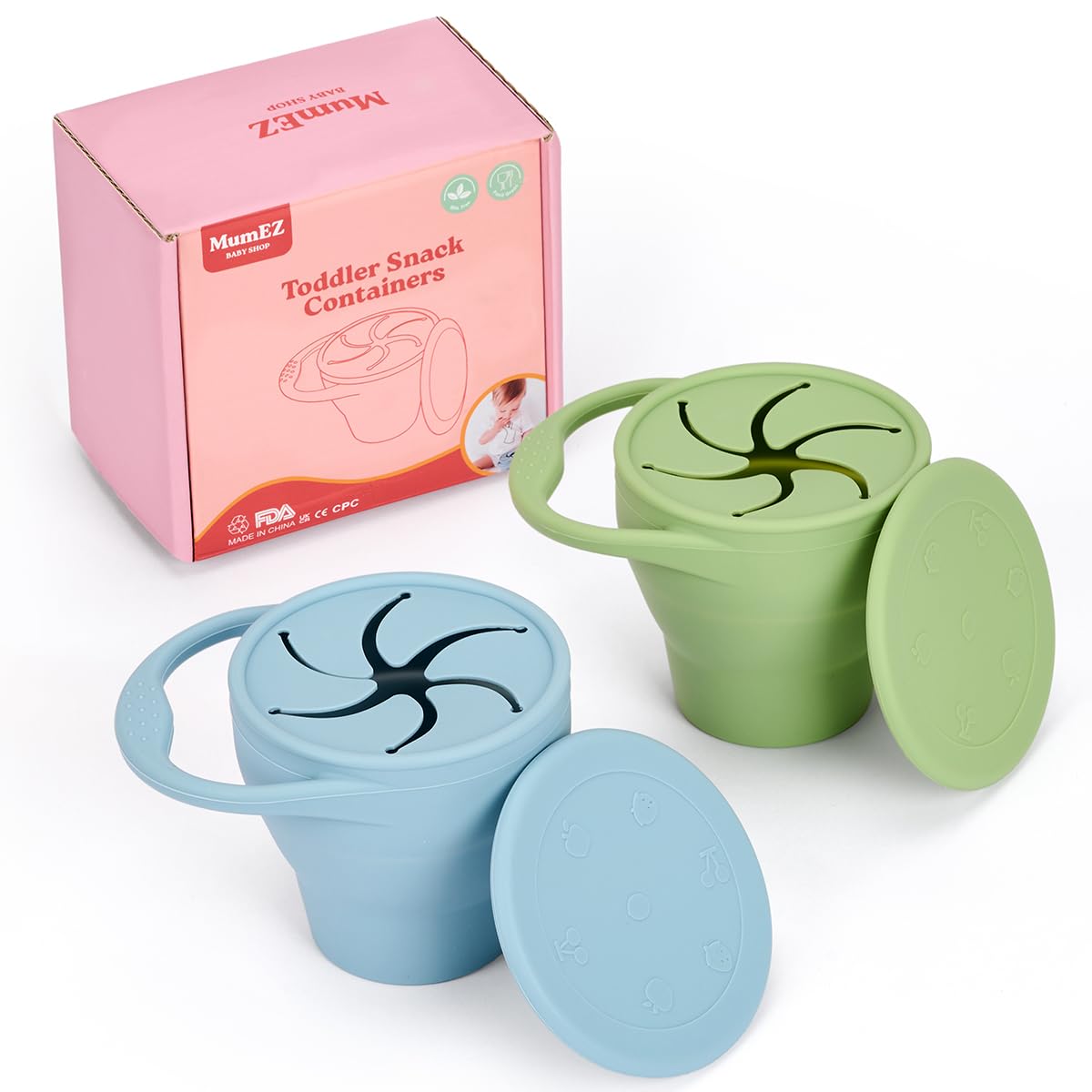 MumEZ Snack Cups for Toddlers, 2Pack Baby Snack Pots Food Grade Silicone Snack Cups, Spill-Proof Tops for Toddlers and Babies, Snack Spinner, Toddler Snack Pot