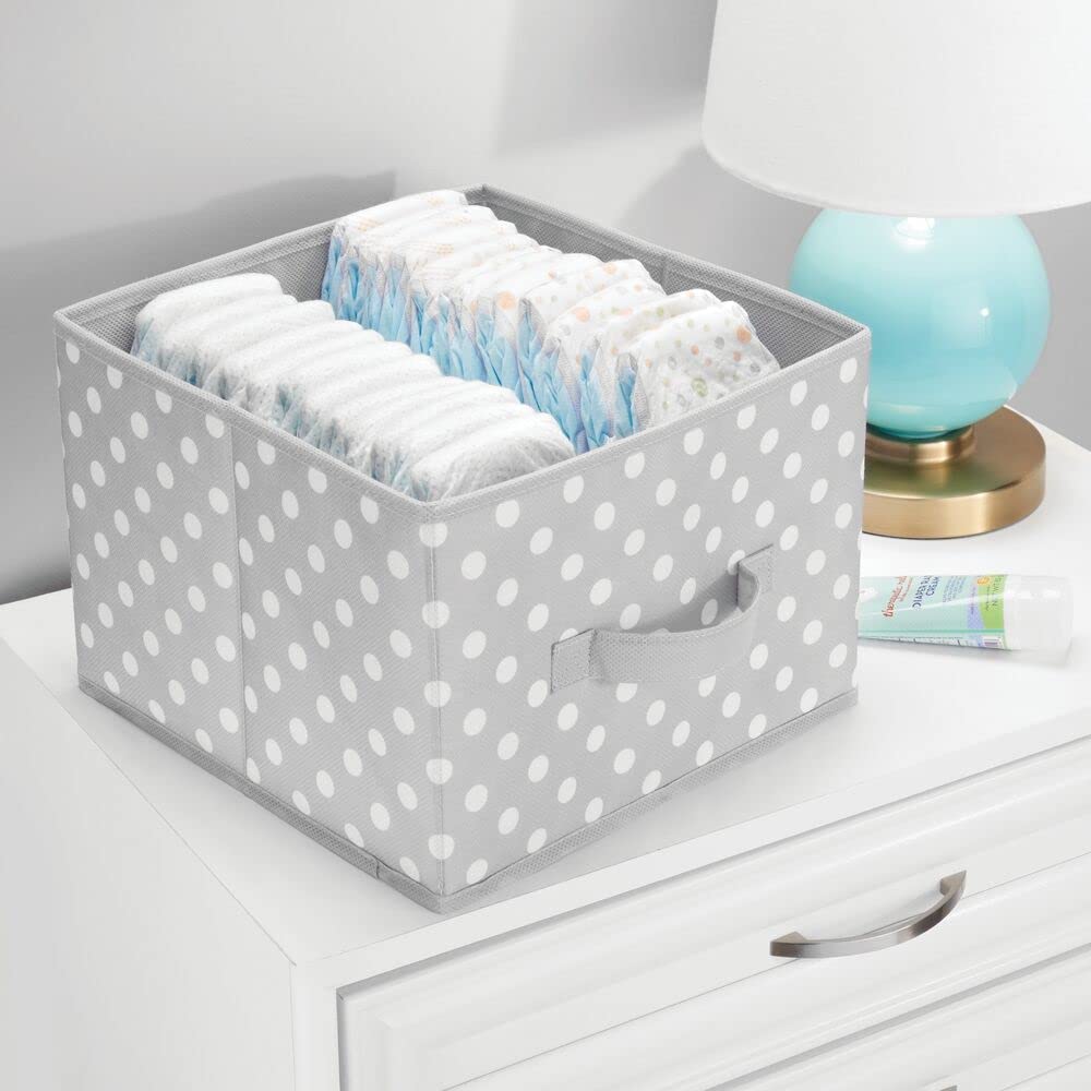 mDesign Medium Soft Fabric Nursery/Playroom Closet Storage Organizer Bin Box with Front Handle for Cube Furniture Shelving Units - Holds Toys, Clothes, Diapers, Bibs, 4 Pack, Pink/White Polka Dot