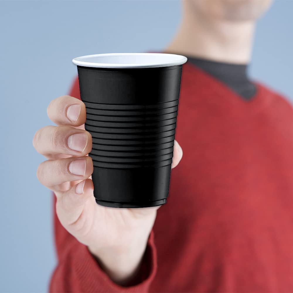 Party Hotteron [50 Count - 12 oz] Disposable Plastic Party Cups 12 oz Red Black 50 count Disposable Plastic Wine Cups for Party (Black, 50)