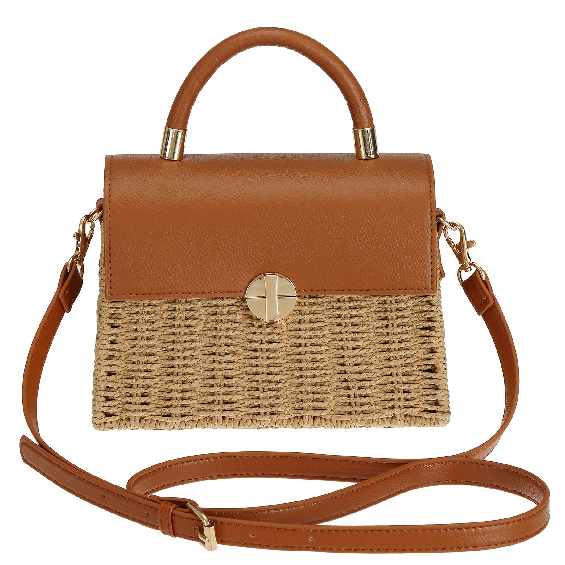 TaiGuri Women's Handmade Straw Rattan Woven Purse Top Handle Tote Shoulder Bag Handbag, Khaki, Medium